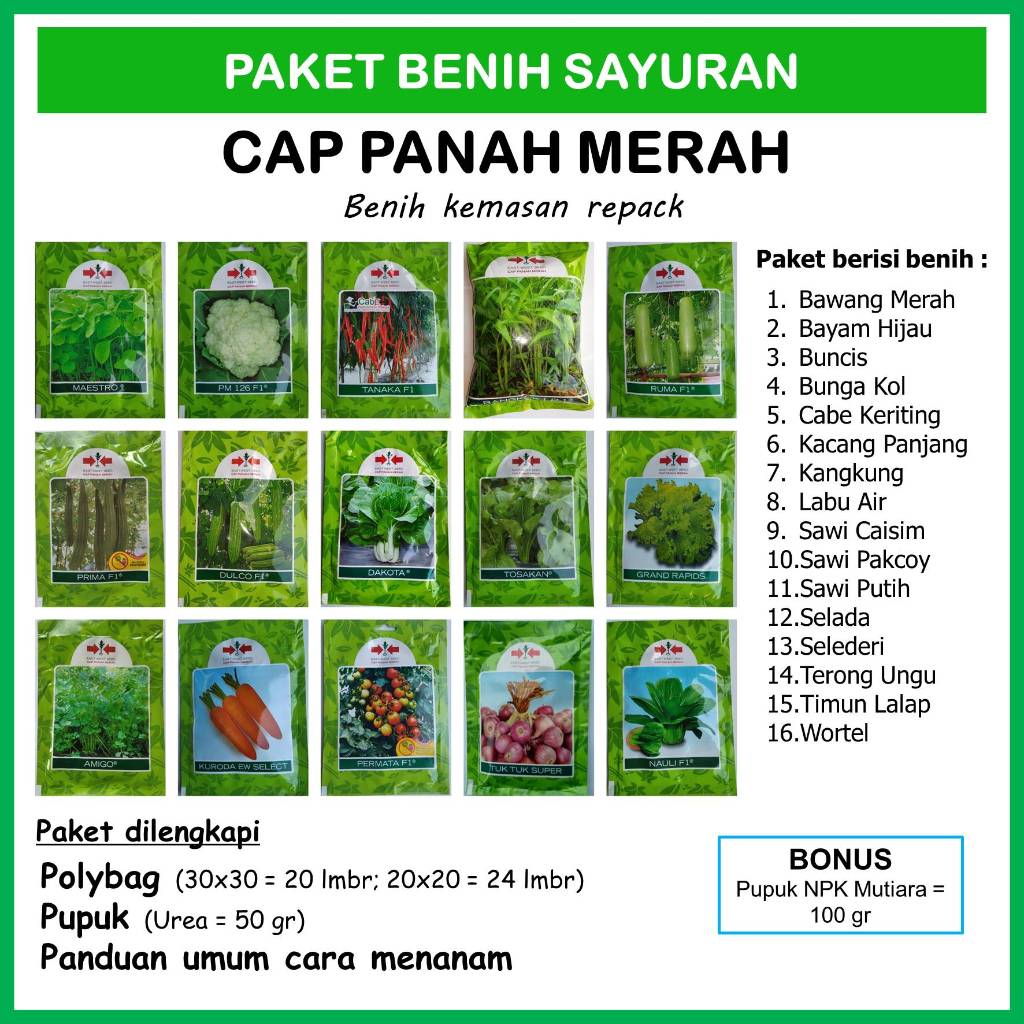 Jual Paket Benih Sayuran Cap Panah Merah Kemasan Repack Lengkap Polybag Pupuk - Bibit Sayuran ...