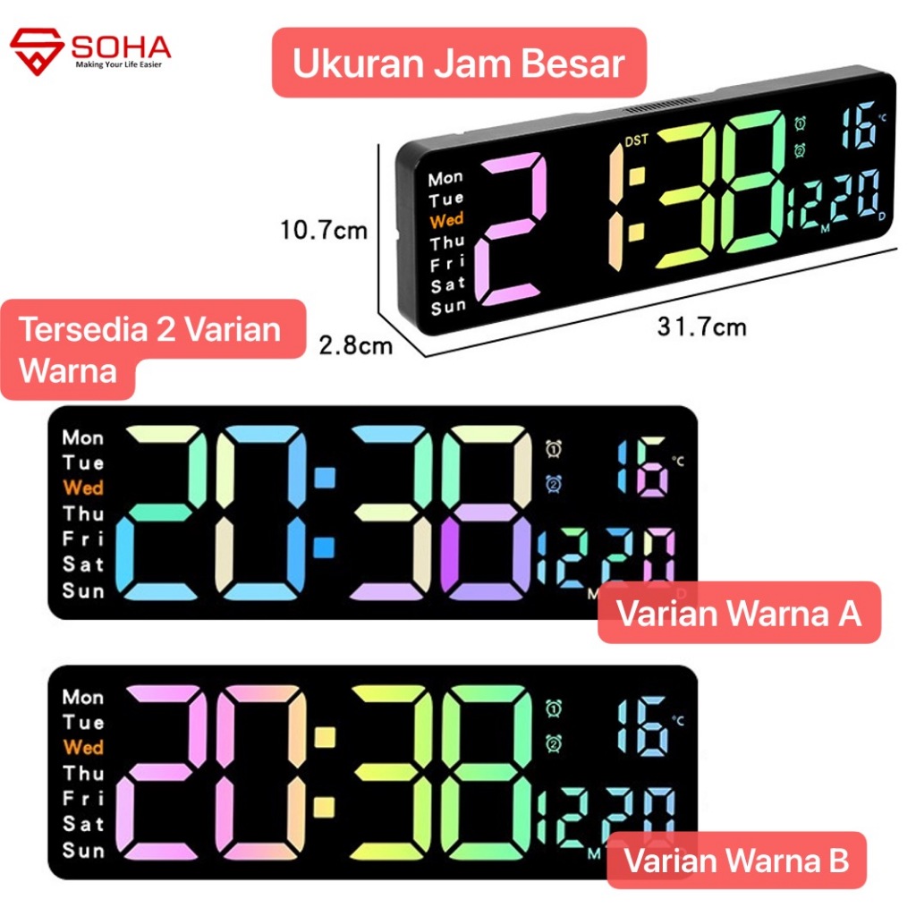 Jual Jam Dinding LED Besar JD-5529 Jam Digital Kalender Hari Alarm ...