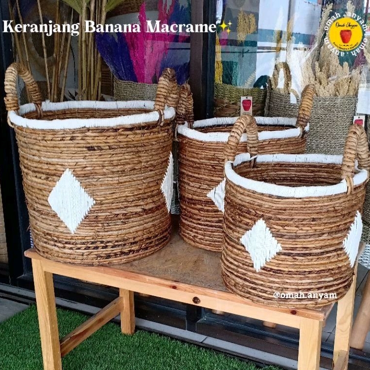 Jual keranjang cover pot hias anyam bahan pelepah pisang aksen macrame ...