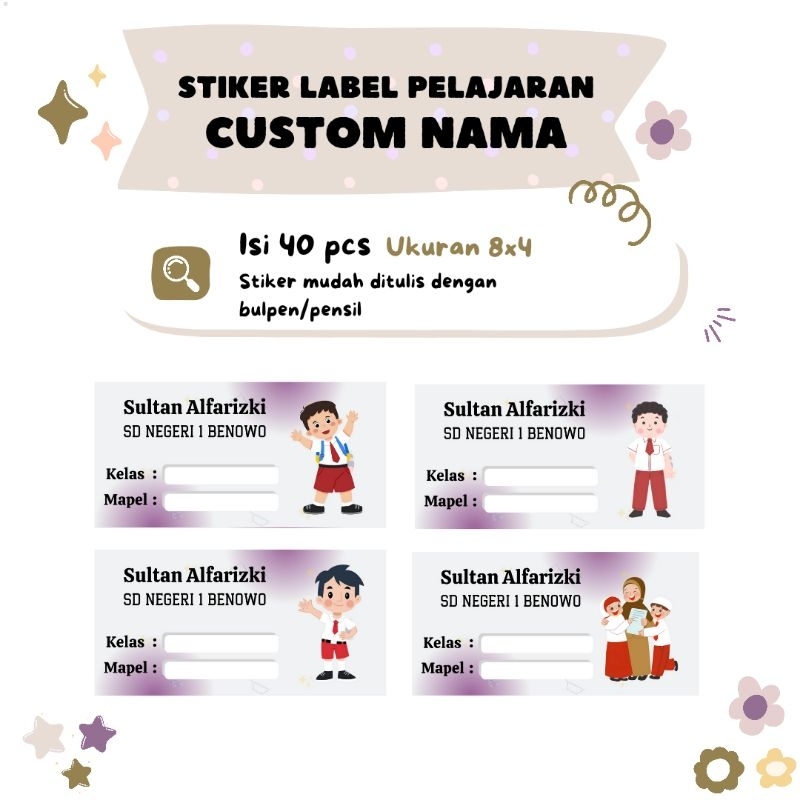 Jual Stiker label buku pelajaran custom free desain isi 40 pcs | anak ...