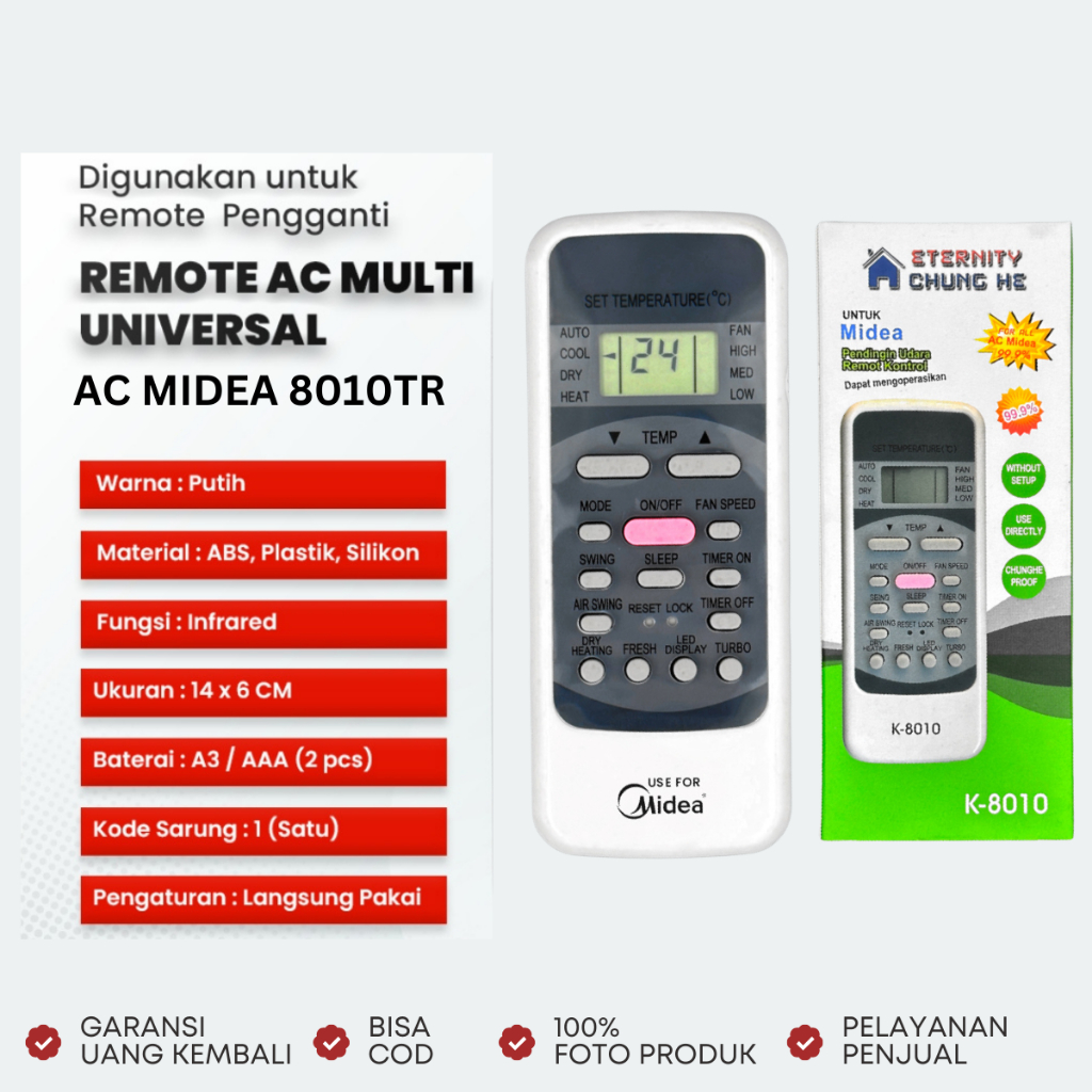Jual REMOTE REMOT AC MIDEA MULTIFUNGSI SPLIT INVERTER LOW WATT 1/2 - 2 ...