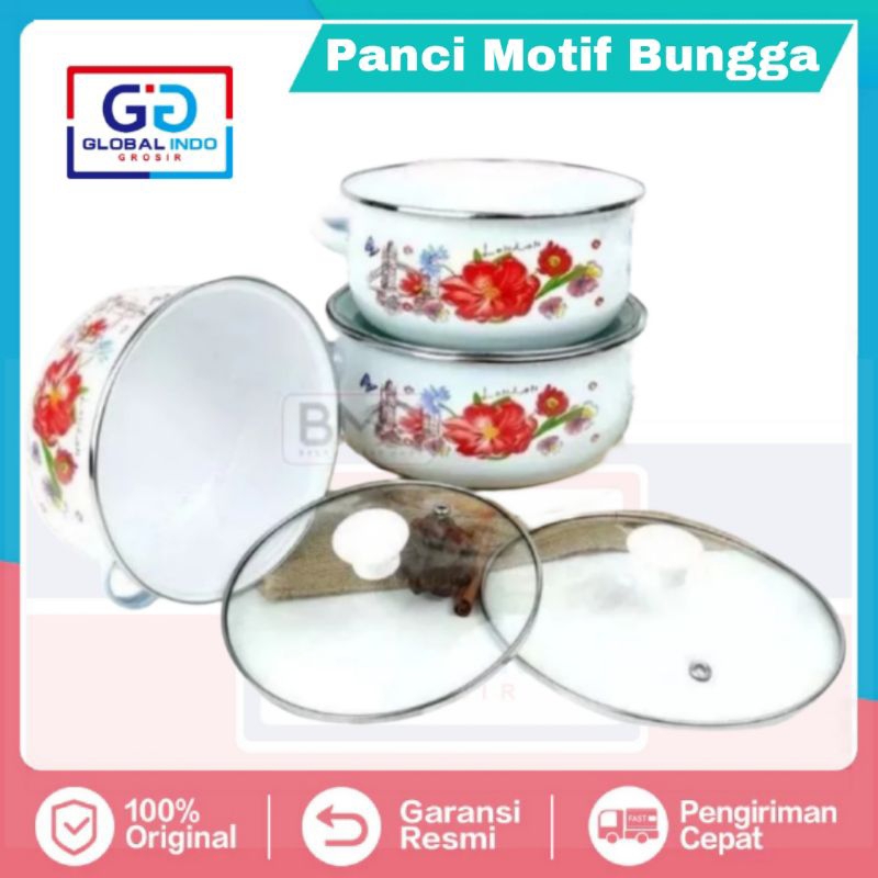 Jual Panci bunga enamel 16-18-20 cm Panci kuah motif bunga tutup kaca ...