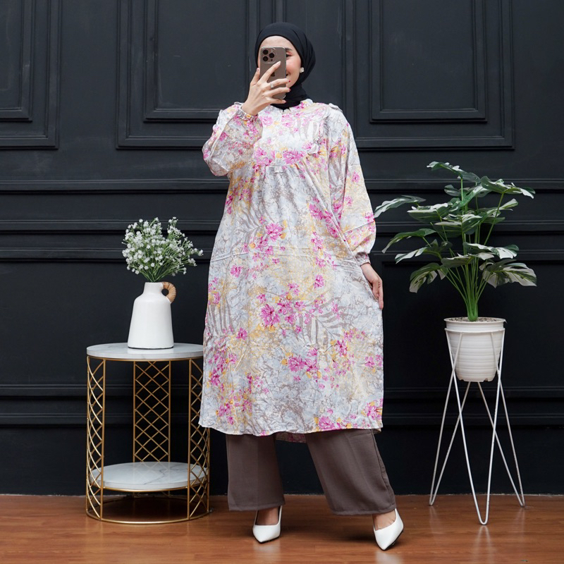 Jual Setelan Long Tunik Motif Bunga Jasmine Kecil Bahan Rayon Diamond Celana Cringkel | Shopee ...