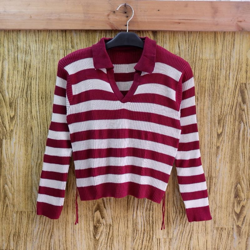 Jual Atasan Rajut Wanita Berkerah Polo Salur Tali samping | Shopee Indonesia