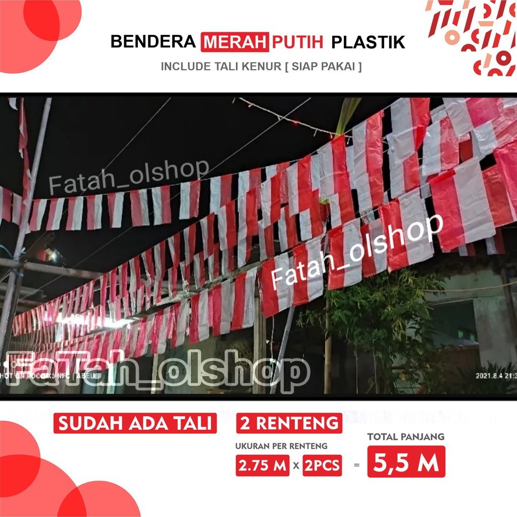 Jual sudah terpasang tali bendera plastik merah putih 2 renteng panjang ...