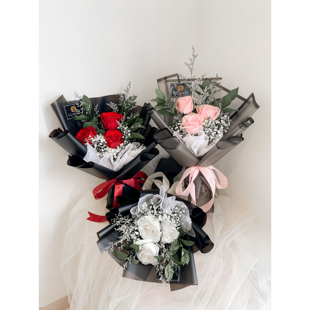 Jual Fresh 3 Rose Bouquet Clarkia Floristry | Buket Bunga 3 Mawar Asli ...
