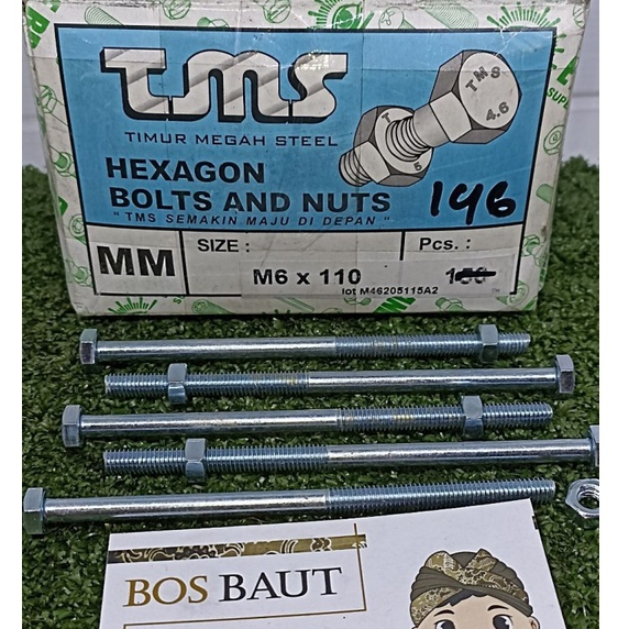 Jual Baut Mur Besi Baut Mur Hexagon Besi M6X110 Putih P1.0 (Kunci 10 ...