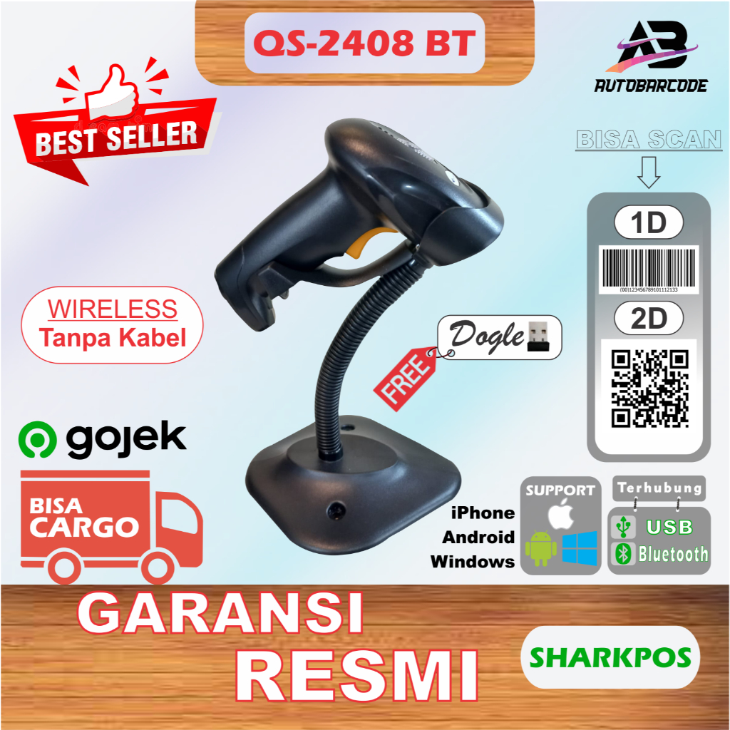 Jual Scanner Bluetooth 2D Sharkpos QS-2408 Wireless Scan Barcode 1D Minimarket - QS2408 / 2408 ...