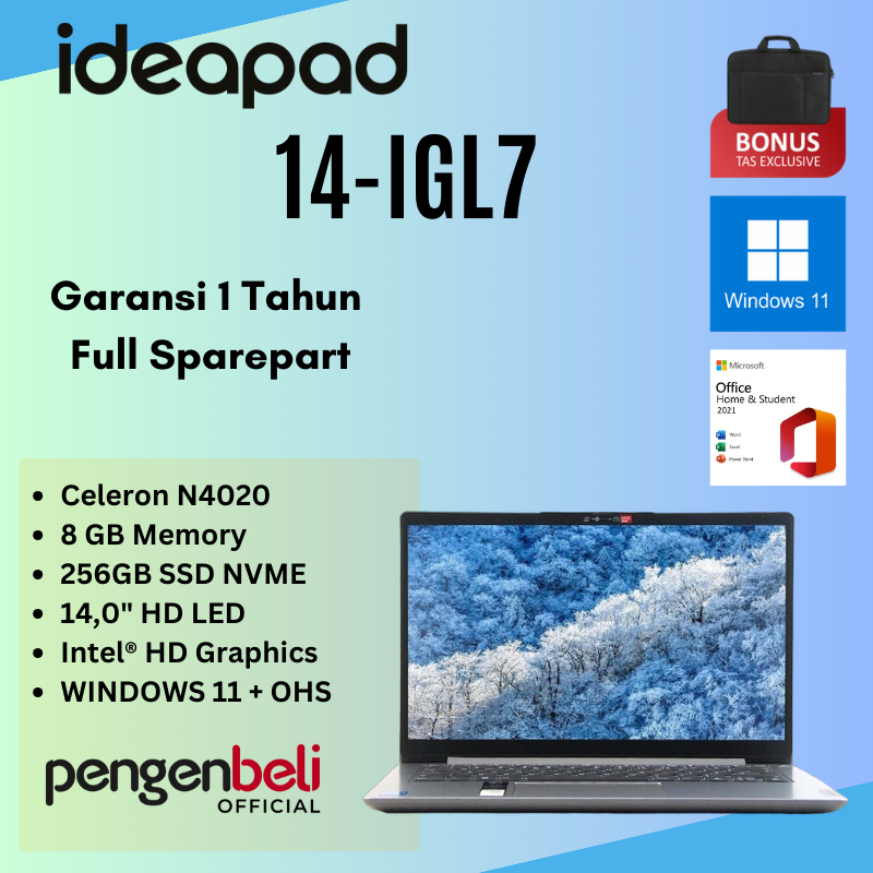 Jual LENOVO IDEAPAD 1i 14IGL7 WIN 11+OHS 2021 - CELERON N4020 l RAM 8GB l SSD 256GB l14" HD l ...