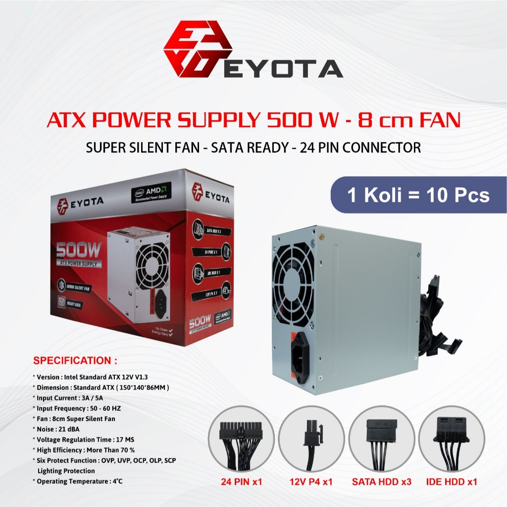 Jual POWER SUPPLY EYOTA 500W FAN 8CM PUTIH EYOTA KOMPUTER PC DESKTOP ...