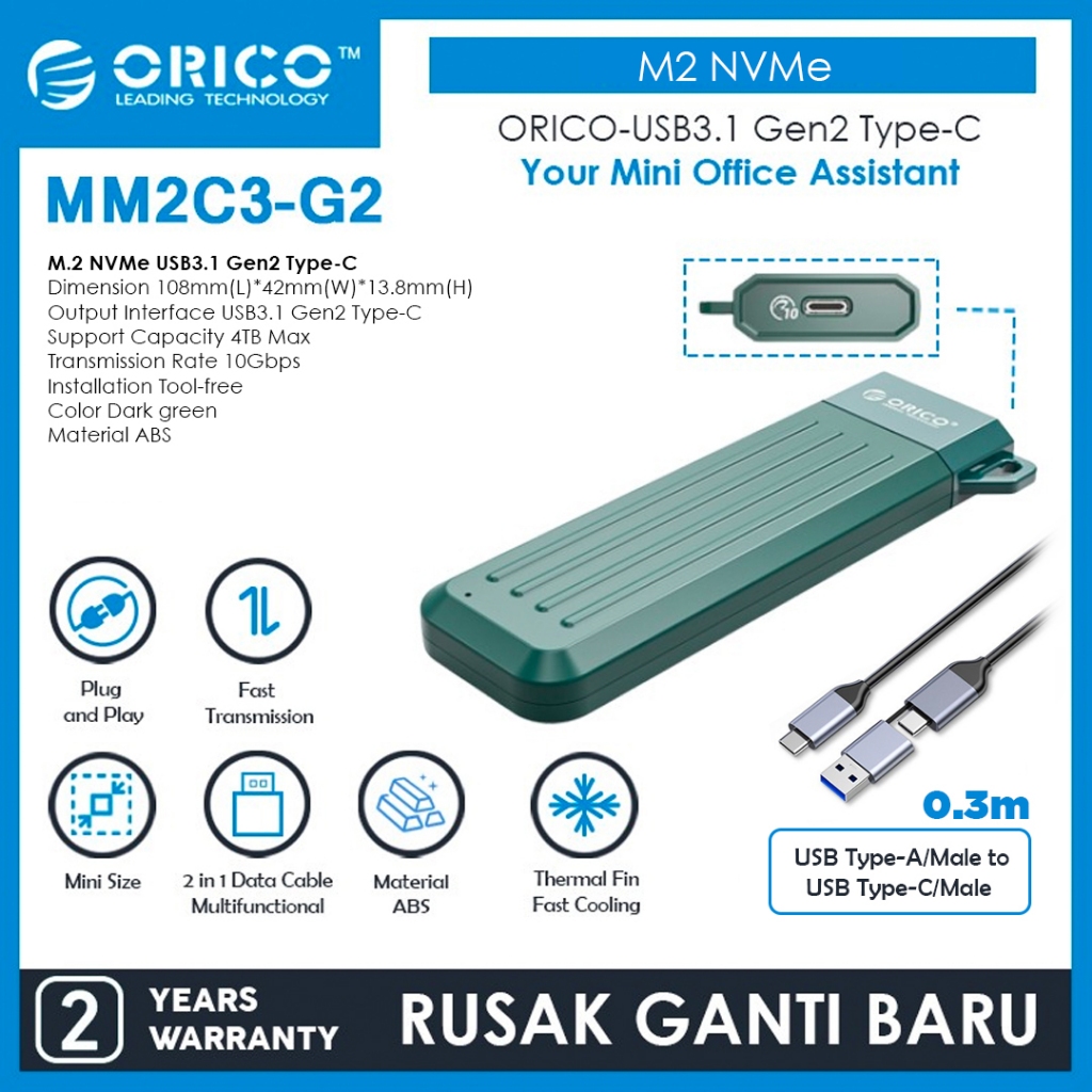 Jual ORICO USB3.1 Gen2 Type-C 10Gbps M.2 NVMe SSD Enclosure - MM2C3-G2 | Shopee Indonesia