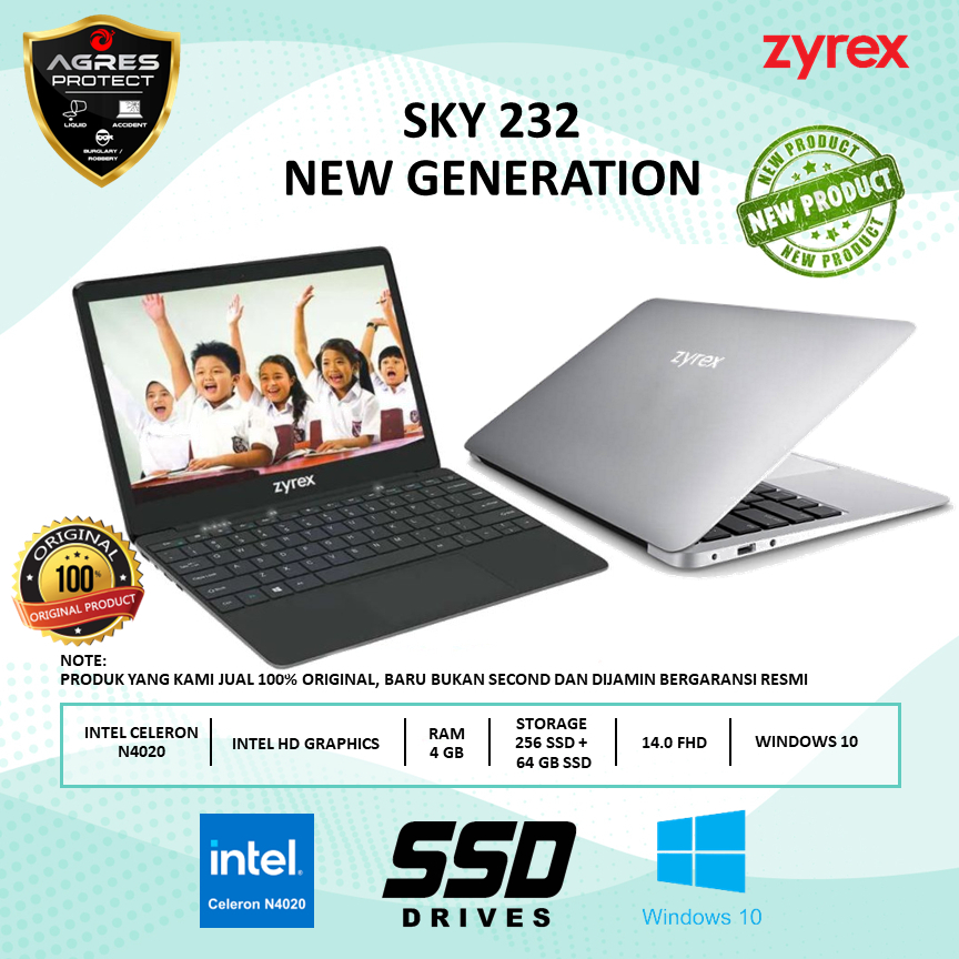 Jual LAPTOP ZYREX SKY 232 NEW GENERATION CELERON N4020 RAM 4GB 256GB SSD + 64GB WINDOWS 10 14 ...