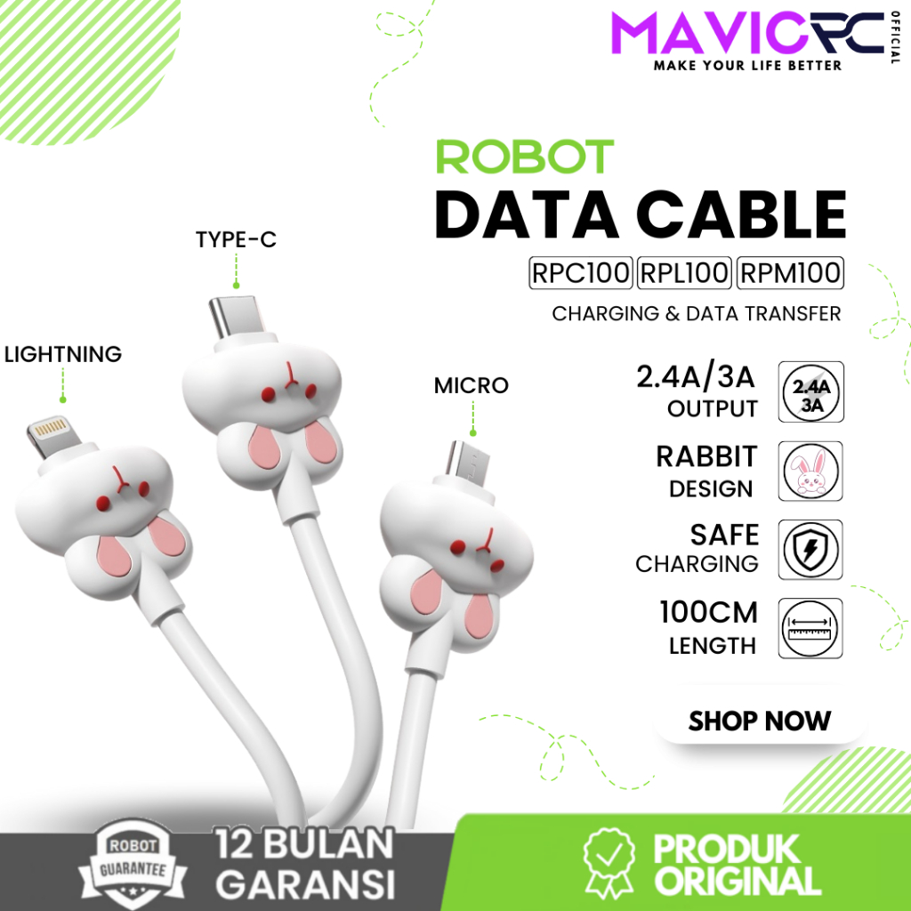 Jual ROBOT RPM100 / RPL100 / RPC100 Kabel Cable Data Charging USB C Micro USB Lightning Rabbit ...