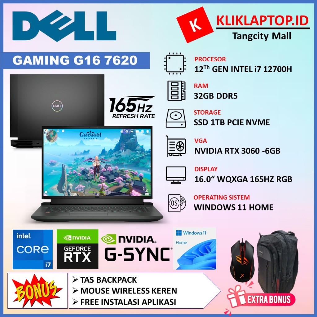 Jual DELL GAMING G16 7620 Intel i7 12700H 32GB DDR5 1TB SSD RTX3060 165HZ WIN11 HOME BLACK ...