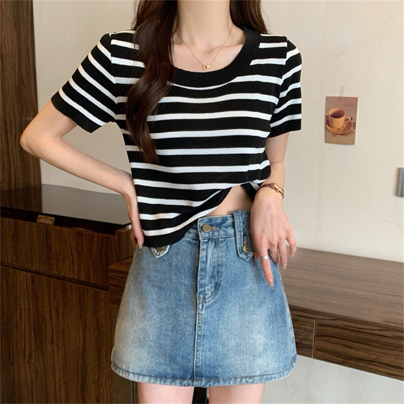 Jual Atasan Wanita Rajut Salur (A315) / Atasan Wanita Crop Top Lengan Pendek Korean lucu ...