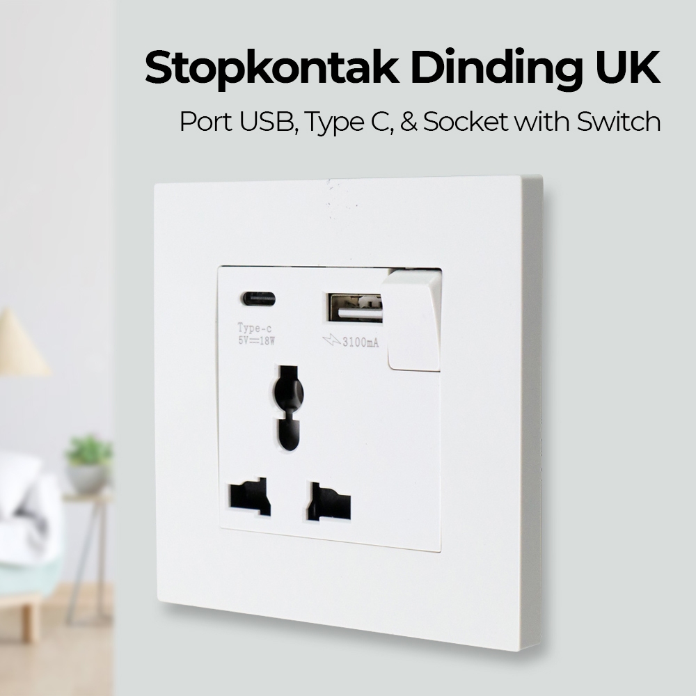 Jual Stop Kontak UK + Type C USB Port Switch Dinding Tembok Colokan ...