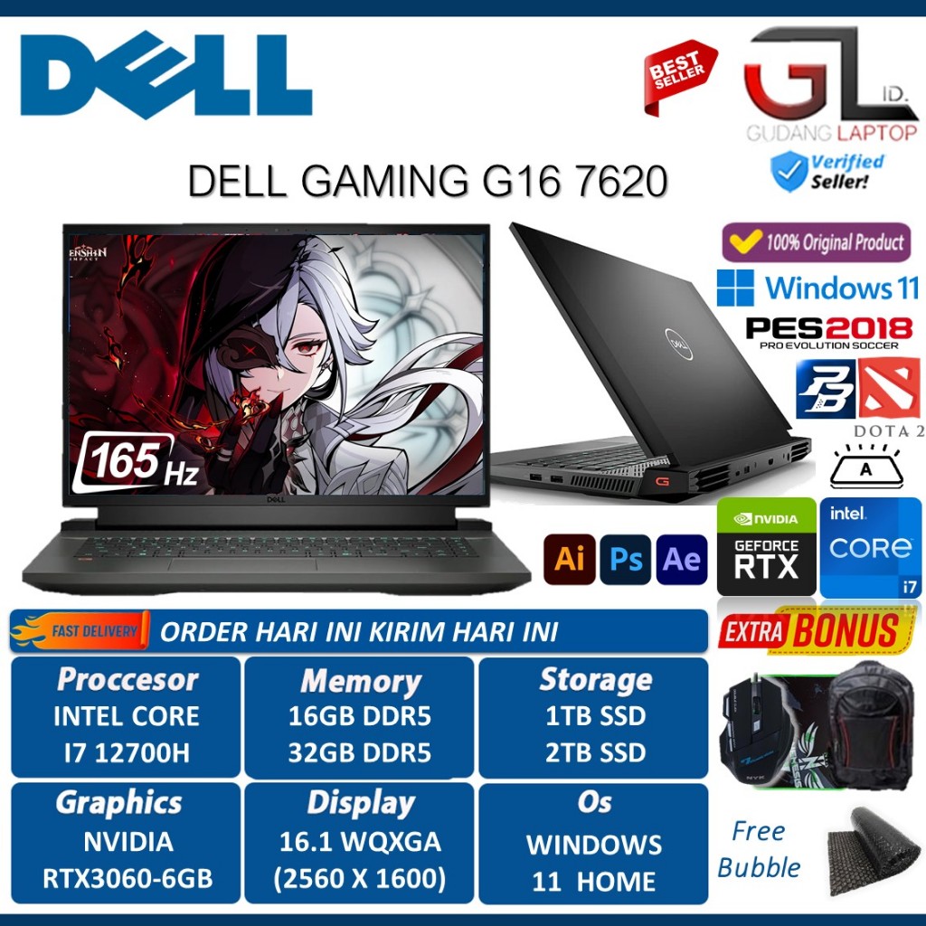 Jual Laptop Dell Gaming G16 7620 Intel I7 12700H 32GB 2TB RTX3060 16.1 WQXGA 165HZ RGB Win11 ...