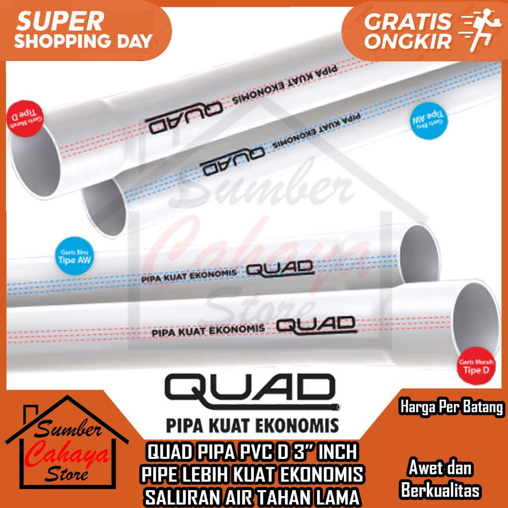 Jual PIPA PVC D 3 INCH PIPE QUAD KUAT EKONOMIS SALURAN AIR TAHAN LAMA ...
