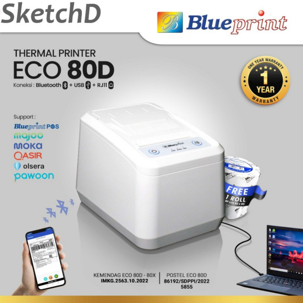 Jual Printer Struk Kasir Thermal Eco Blueprint ECO80D USB + Bluetooth ...