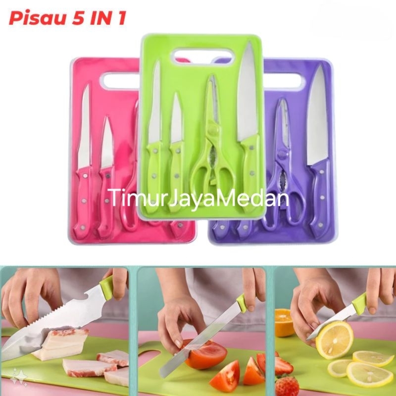 Jual 5 in 1 Pisau Talenan Set Dapur Stainless Pisau Set Gunting ...