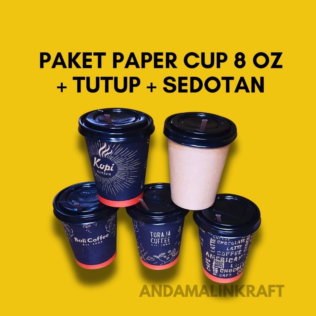 Jual Paper cup 8 oz satu paket dengan tutup dan sedotan kopi (50 pcs) | Shopee Indonesia