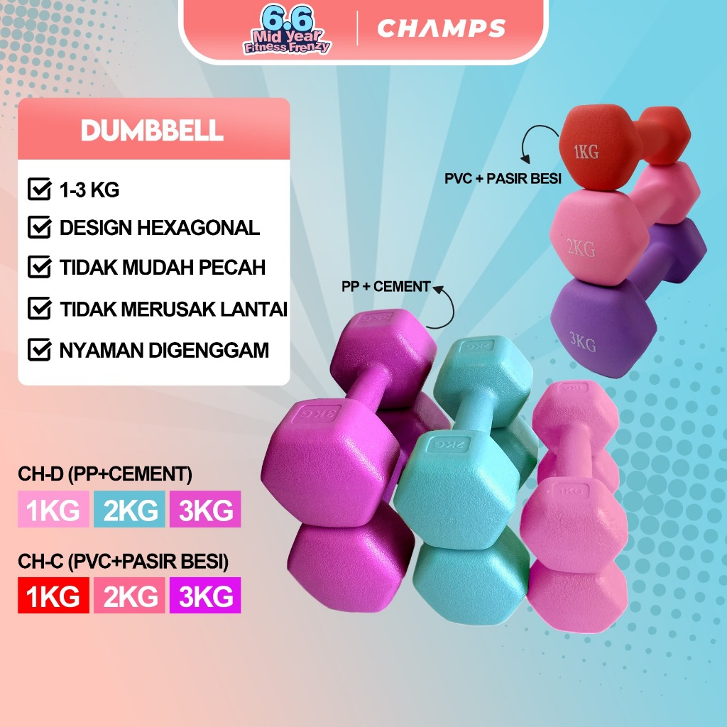 Jual CHAMPS Barbel/Dumbbell 1/2/3/4/5 KG Neoprone Premium Colorfull ...