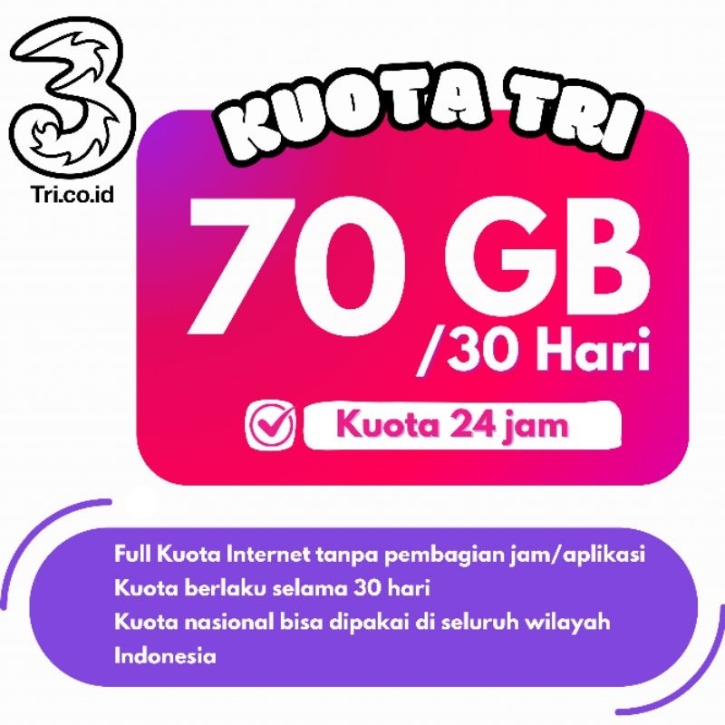 Jual PAKET INTERNET KUOTA TRI 100GB NASIONAL 30HARI | Shopee Indonesia