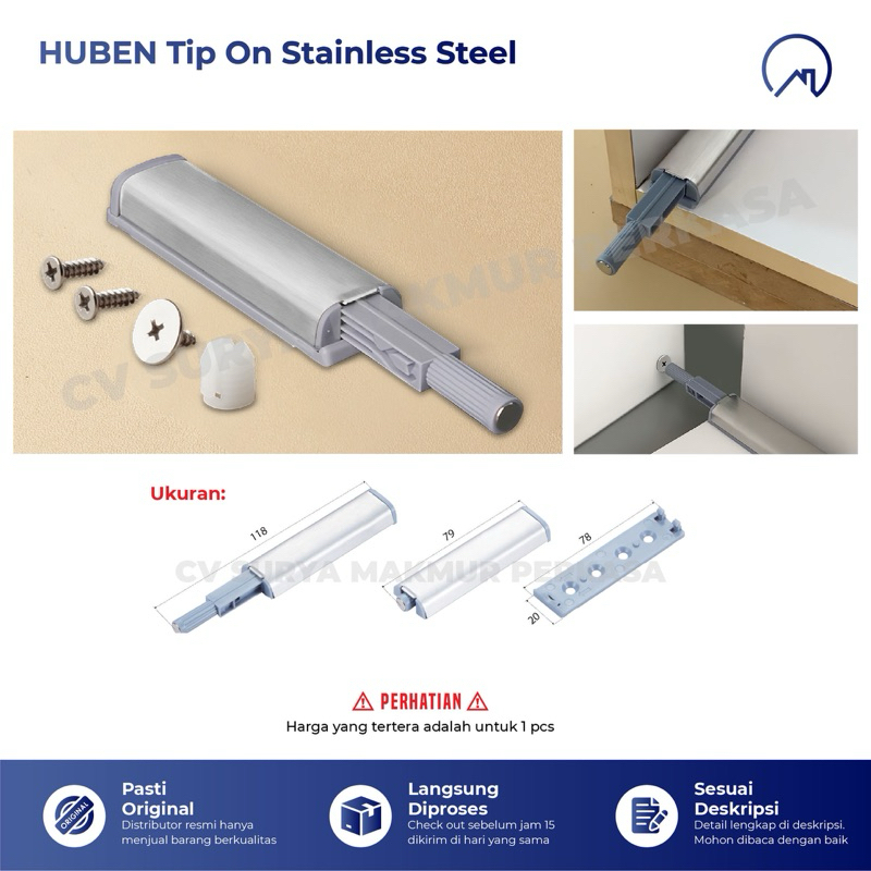 Jual Huben TO Tip-On Stainless Steel Push to Open Plat Bulat Abu Abu ...