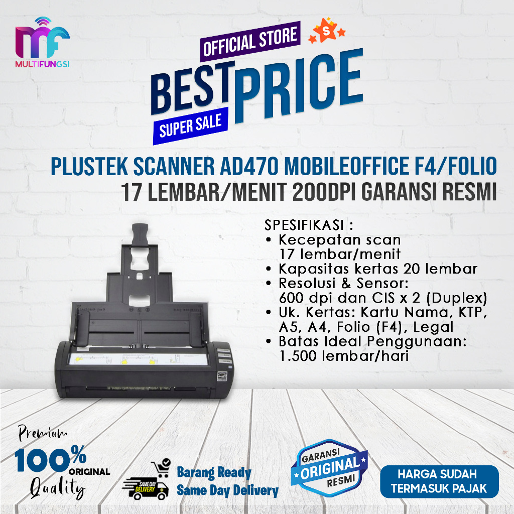 Jual Plustek Scanner AD470 MobileOffice F4/Folio 17 Lembar/Menit 200dpi ...