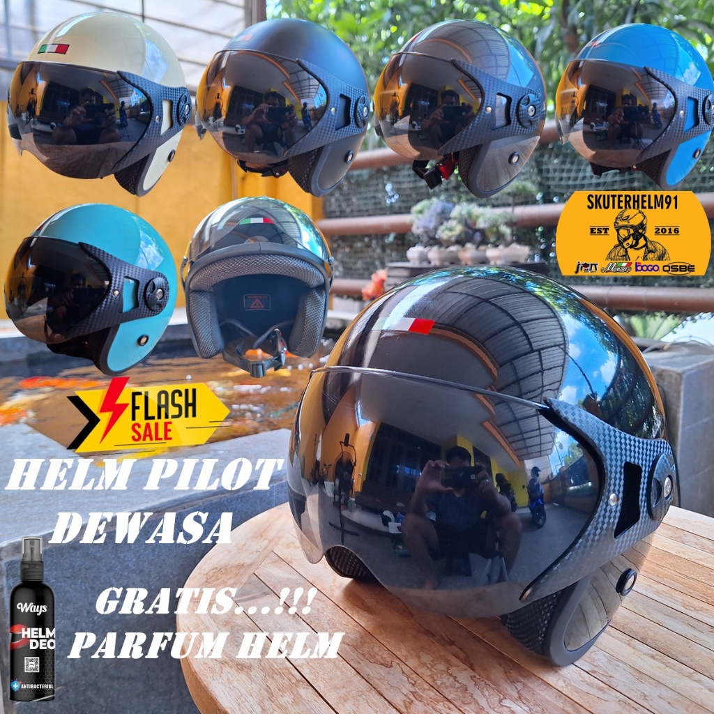 Jual Helm Dewasa Pilot Retro Half Face SNI Hitam Glossy Mengkilap Untuk ...
