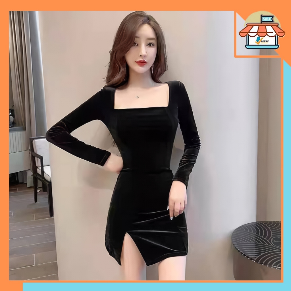 Jual RSB DR453 Dres Lengan Panjang Velvet Mini Dress Long Sleeve Square Neck With Side Split ...