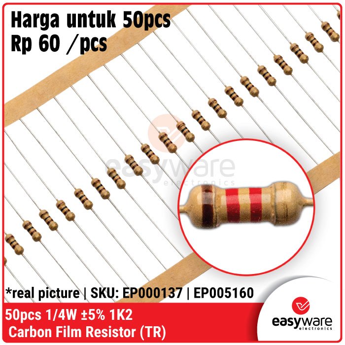 Jual 50pcs Resistor 1.2K Ohm 1/4W 5% Carbon Resistor 1K2 0.25W 0.25 Watt Resistor 5% | Shopee ...