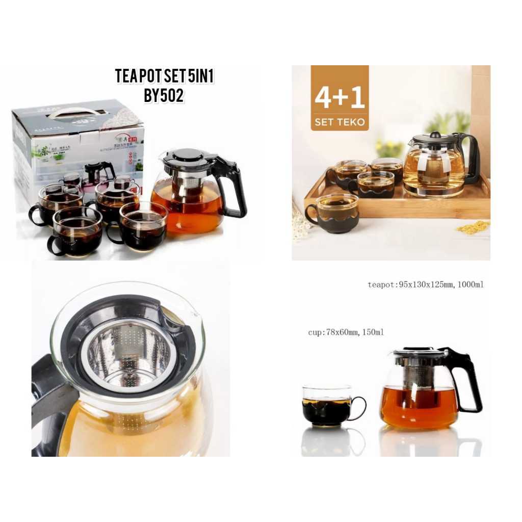 Jual Tea Pot Set 5in1 BY502 PLD-18/Teko Set Kaca Dengan Saringan 5In1 ...