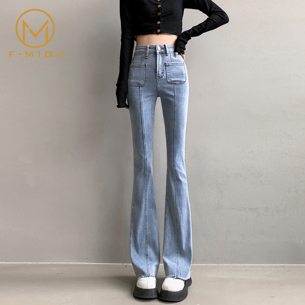 Jual F·MIGA C48 Korean Flare Jeans Wanita Highwaist Cutbray - Biru ...