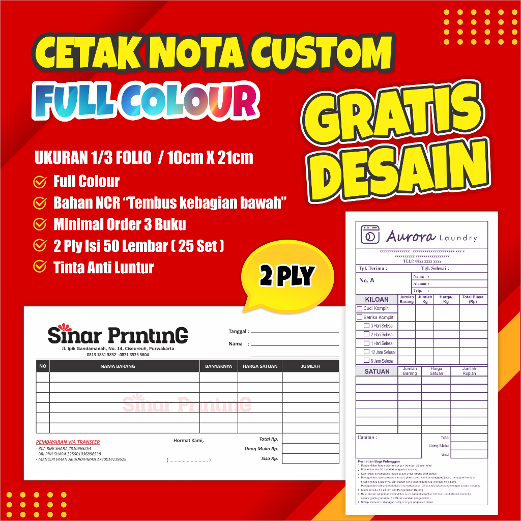 Jual Cetak Nota Full Colour 2 Ply Ukuran 1/3, Nota Custom Nama Toko ...