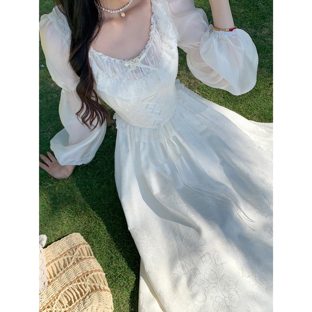Jual BELLA LOO Gaun Putih Lengan Panjang Prancis Baru Gaya Vintage ...