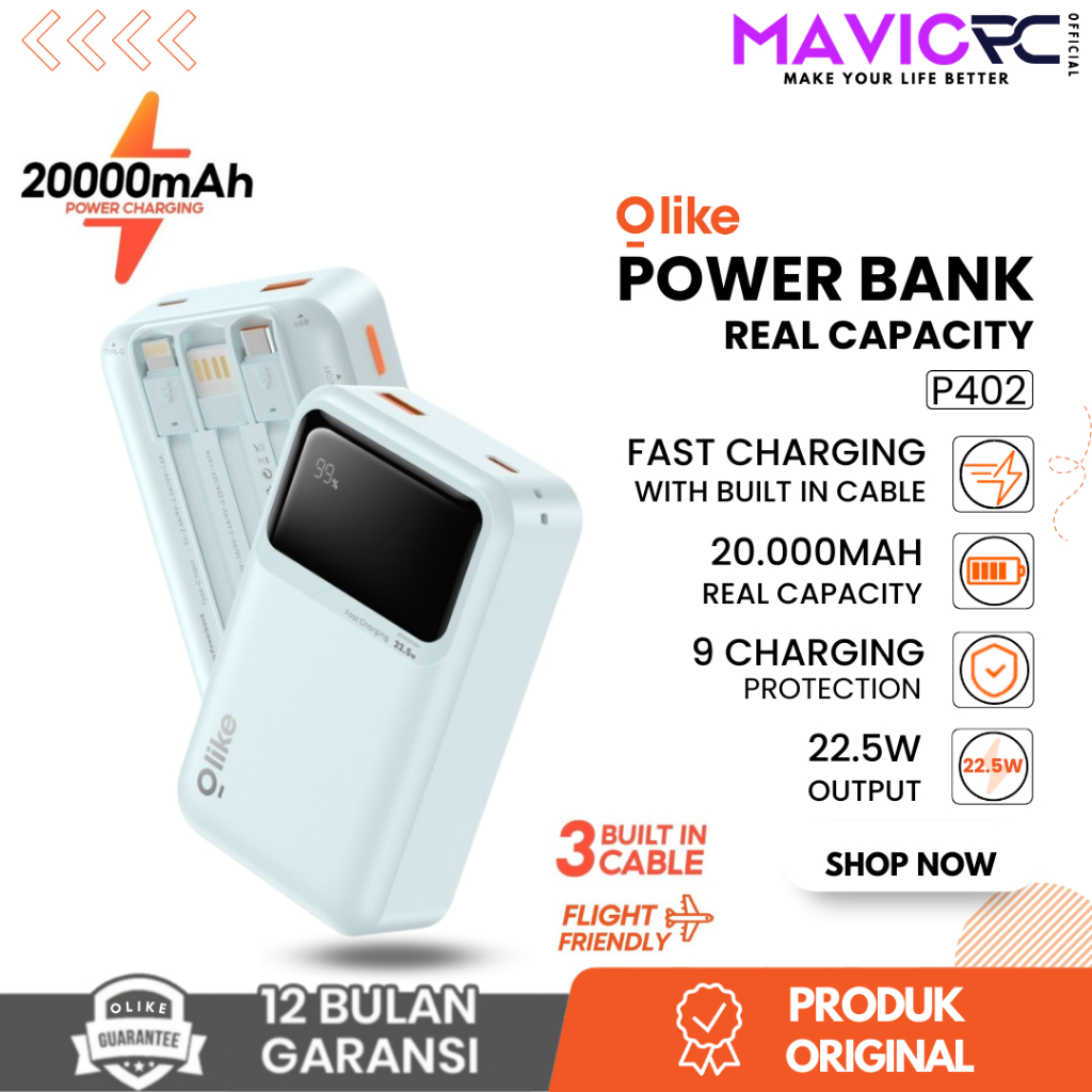 Jual OLIKE P402 PowerBank 20000mAh 3 Built-in Cable 22.5W Ultra Compact ...