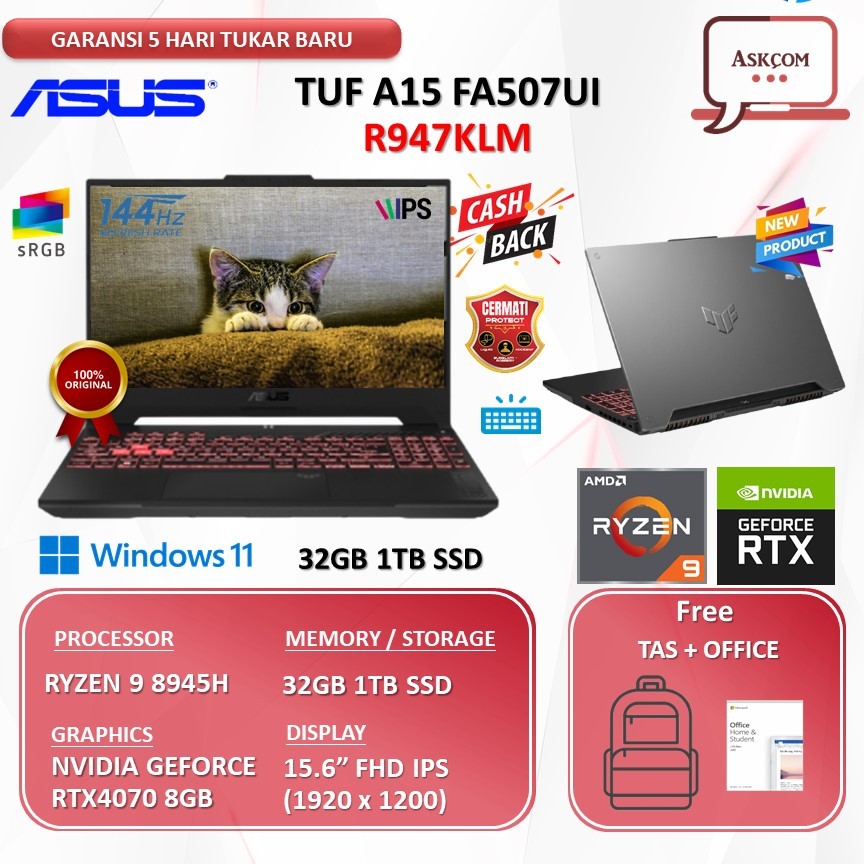 Jual Asus Tuf A15 FA507UI RYZEN 9 8945H RTX4070 8GB | 32GB 1TB SSD W11 ...