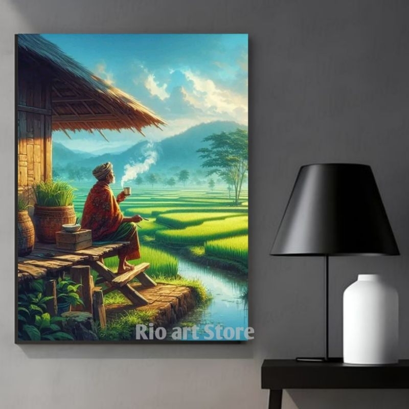 Jual Hiasan dinding poster lukisan ai duduk santai sambil ngopi di gubuk melihat keindahan sawah ...