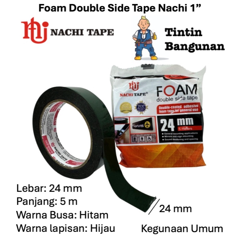 Jual Double Side Foam Tape Nachi ukuran 24mm x 5 meter hijau/ Double Tape Busa Nachi/ Isolasi ...