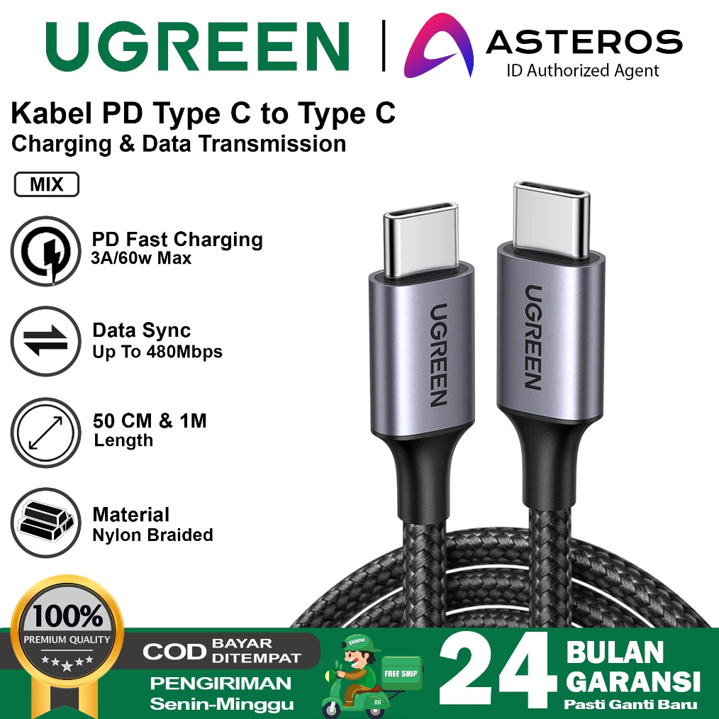 Jual UGREEN Kabel PD Type C to Type C Nylon Braided Fast Charging Max ...