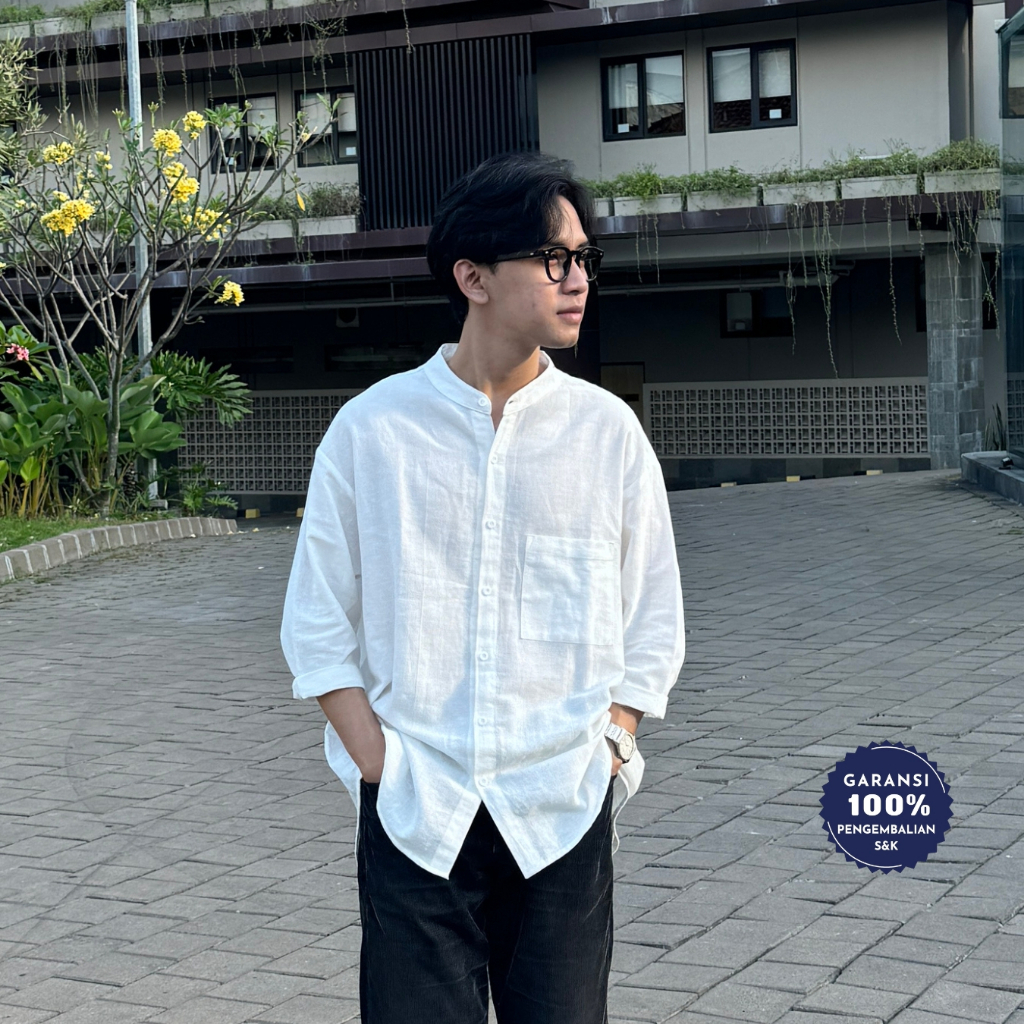 Jual roomfazza Kemeja Putih [Off White] Oversize Pria Linen Band Collar ...