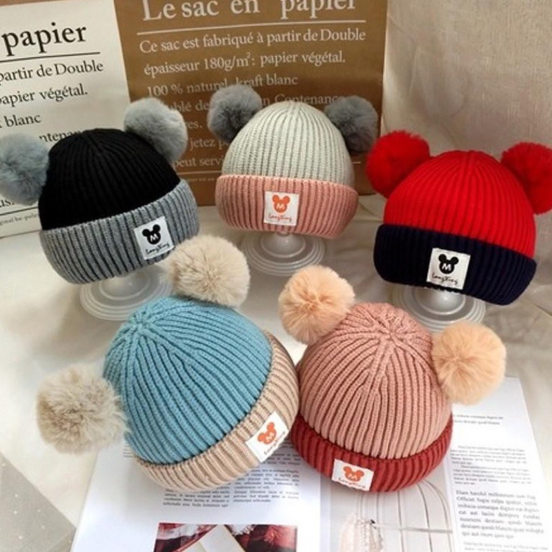 Jual kupluk bayi model dua warna pompom rajut /kupluk anak hangat ...