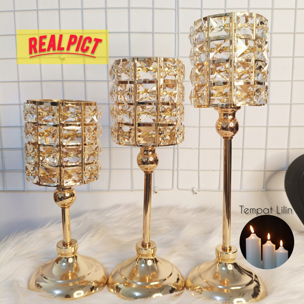 Jual Tempat lilin 3 in 1 Crystal Square Candle holder Set Dekorasi Meja ...