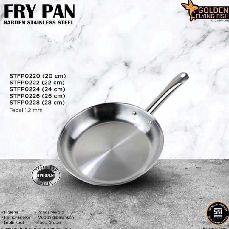 Jual Golden Flying Fish Fry Pan Stainless Harden Steel Anti Lengket 2cm 22cm 24cm 26cm 28cm KODE ...