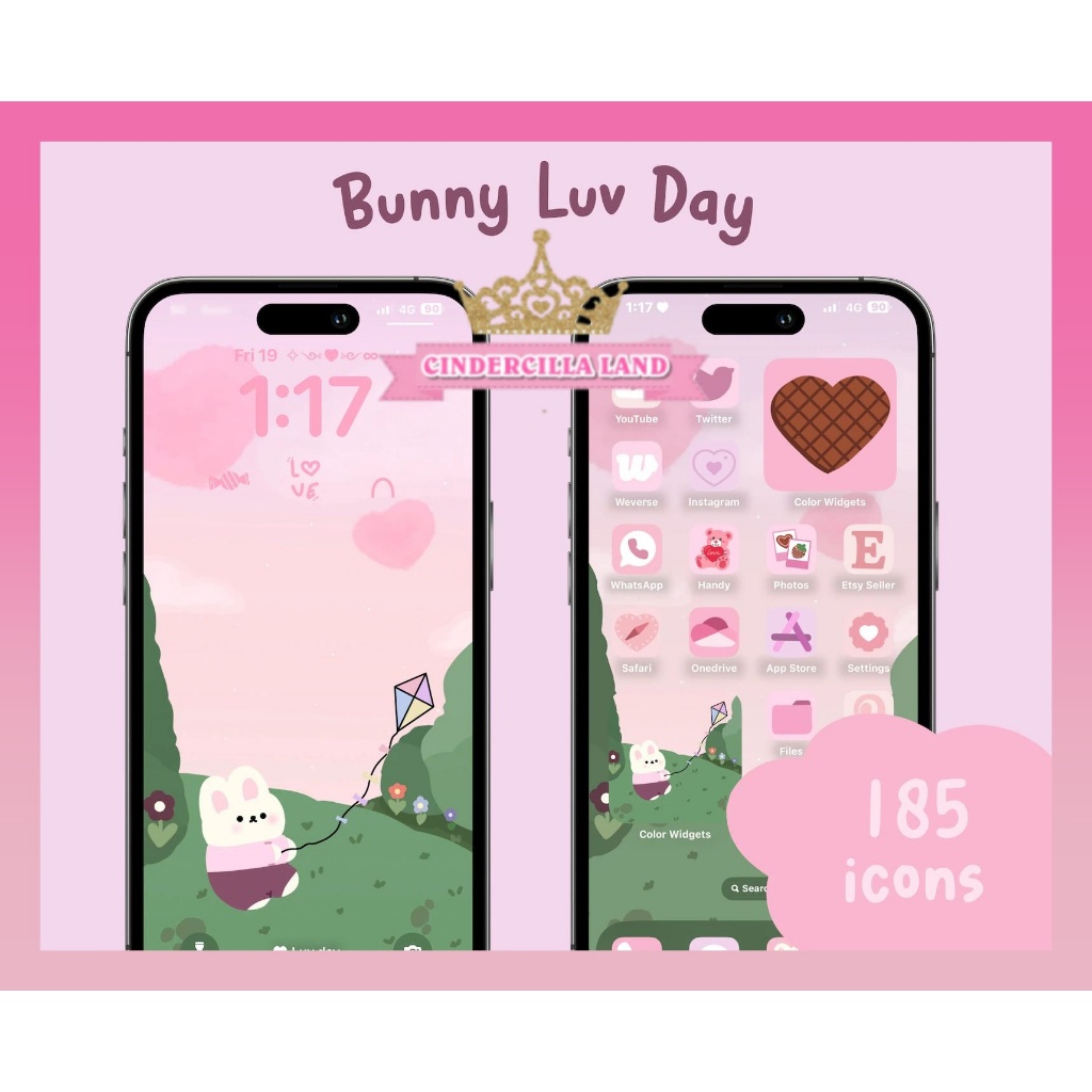Jual CINDERCILLA LAND IOS ANDROID THEME / Pink Bunny luv day icon set ...