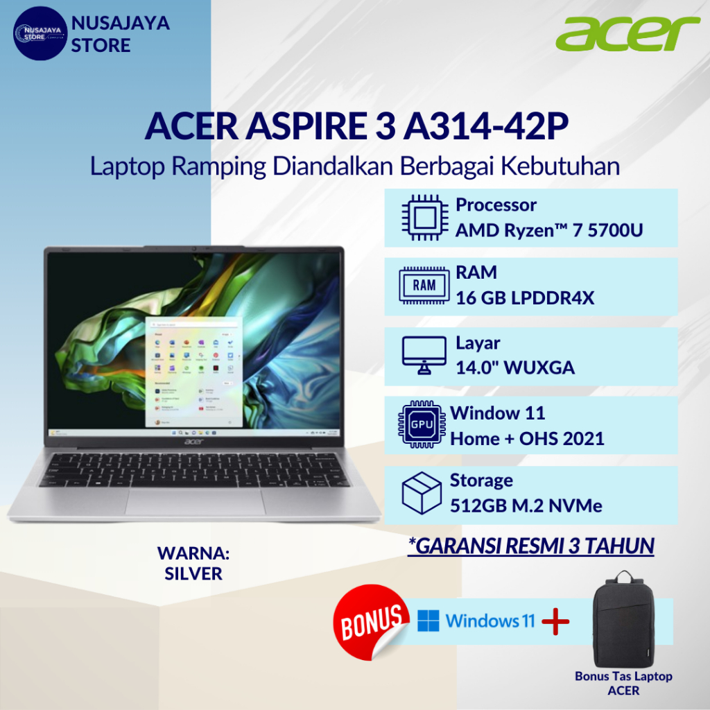Jual ACER Aspire 3 A314-42P Ryzen 7-5700U 16G 512GB 14" WUXGA IPS W11 ...
