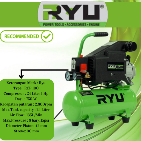 Jual Compressor 25 Liter 1 HP RCP100-1 RYU Original Terbaru Kompresor 1 ...