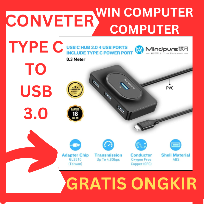 Jual USB C Hub 3.0 4 Ports + Type C Power Port Penambah Port USB PC ...