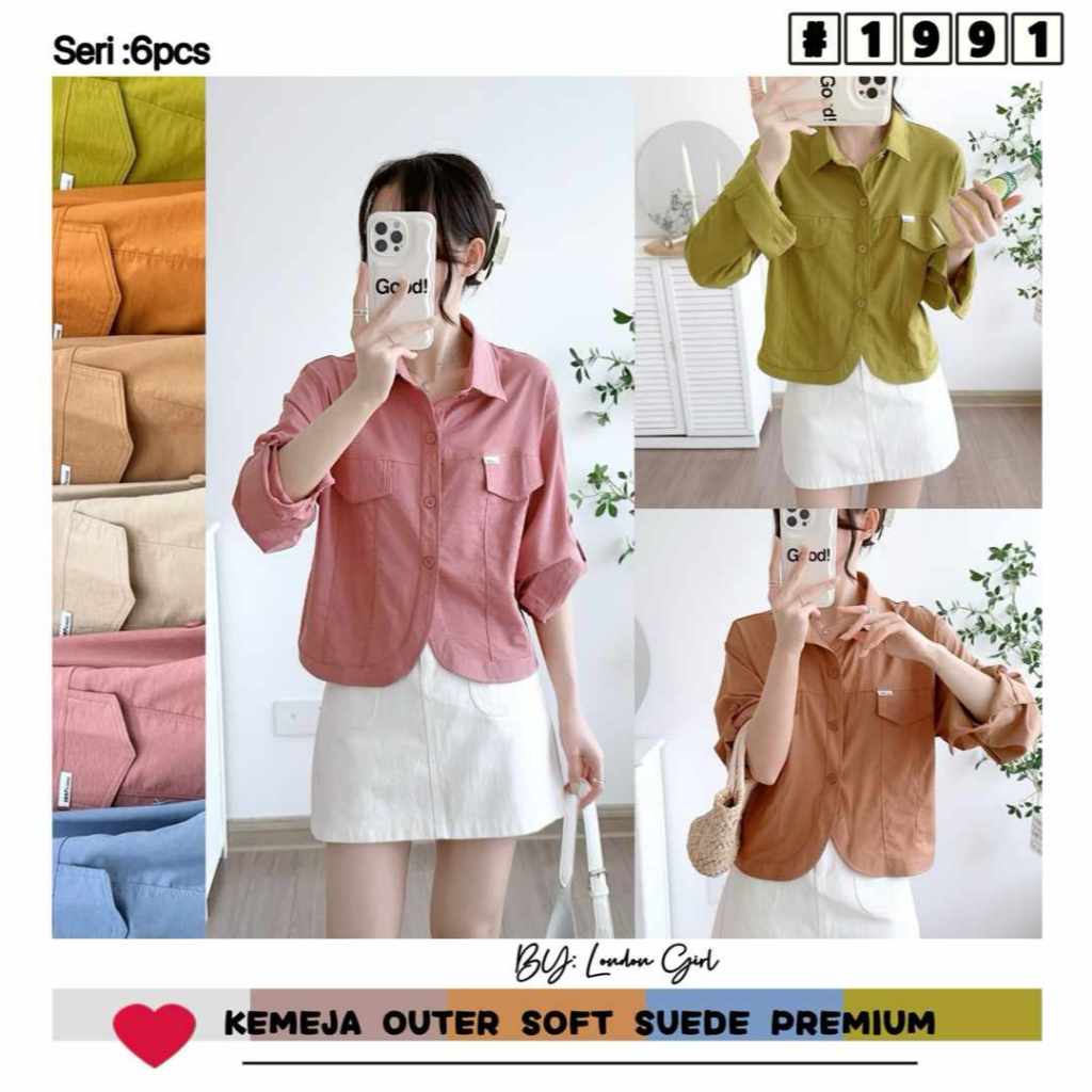 Jual 1991 886 Kemeja Soft Suede Crop Serut Top Kancing Jepret Atasan ...